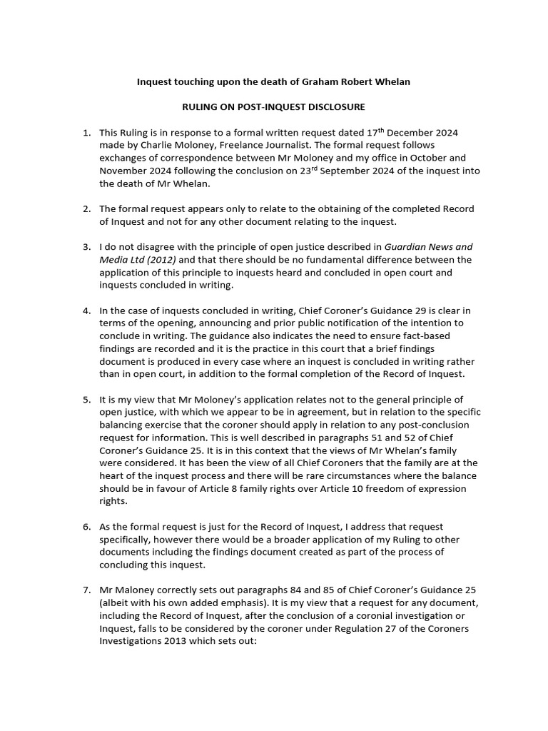 Inquest Ruling on Graham Whelan's Death | PDF | Coroner | Public Law