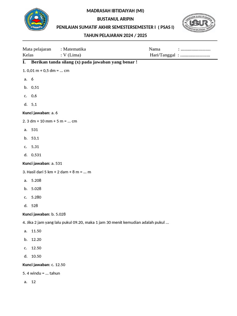 Soal Psas MTK Kelas 5 Semester 1 2024 | PDF