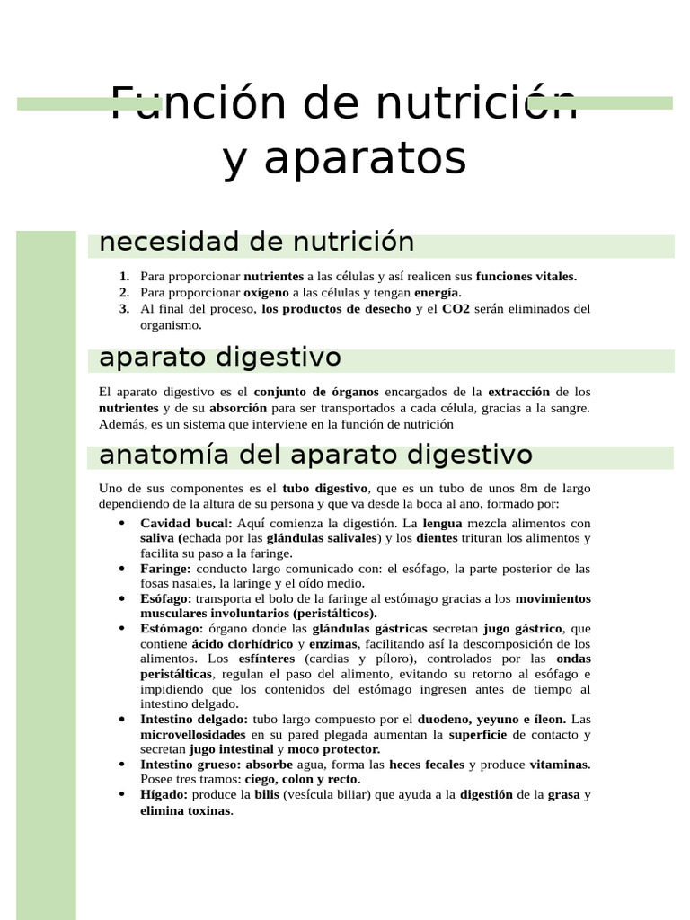 Función de Nutrición y Aparatos | PDF | Digestión | Sistema digestivo ...