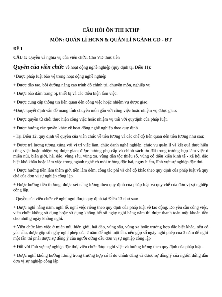 CÂU HỎI ÔN THI KTHP QLHCNN | PDF