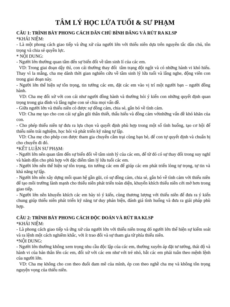 CÂU HỎI THI HP TÂM LÝ HỌC LT & SP | PDF