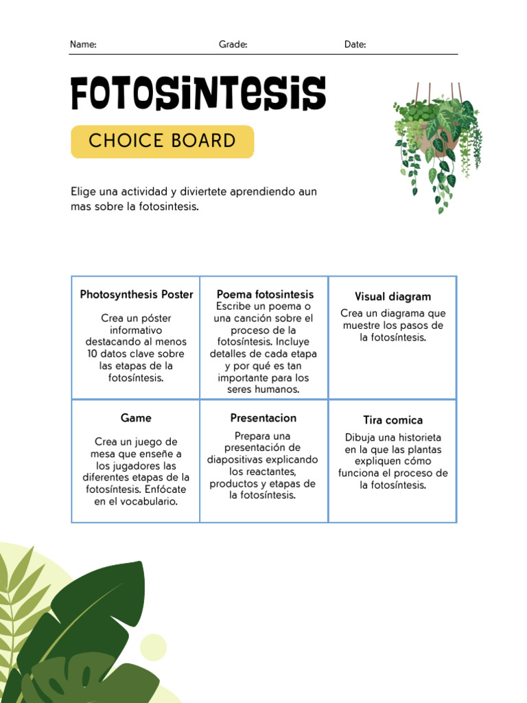 Photosynthesis Choice Board Worksheet | PDF | Cómics
