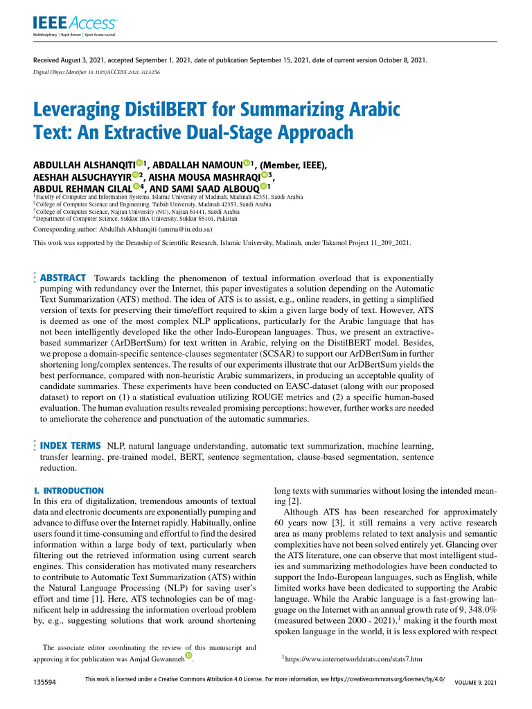 Leveraging DistilBERT For Summarizing Arabic Text An Extractive Dual-Stage Approach | PDF ...
