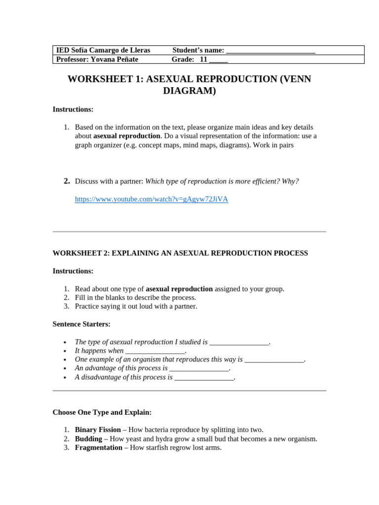 Asexual Reproduction worksheet | PDF