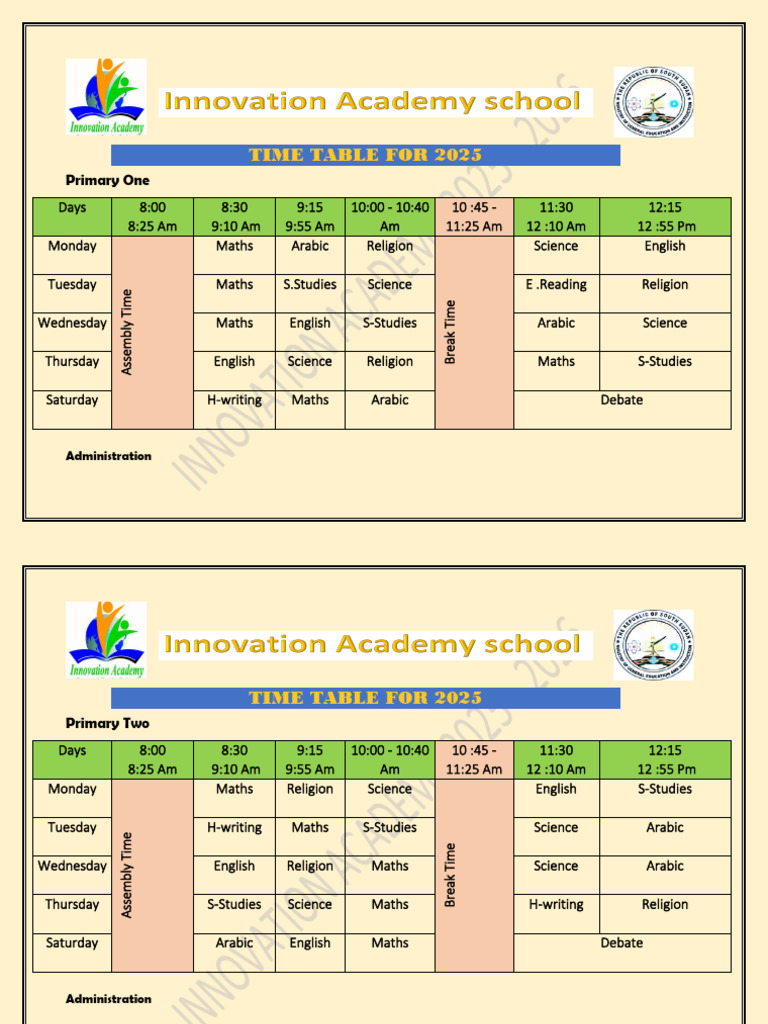 Primary School Timetable 2025 | PDF