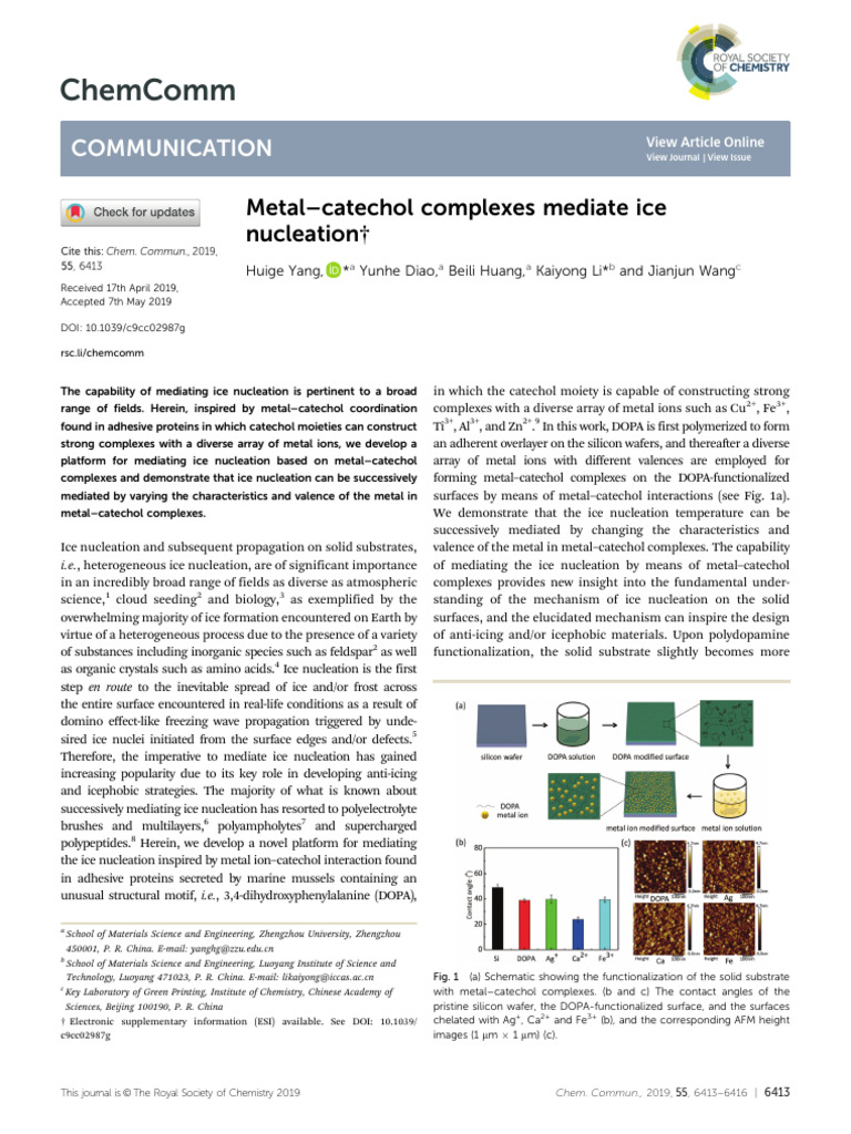 Metal-Catechol Complexes Mediate Ice Nucleation | PDF | Nucleation ...