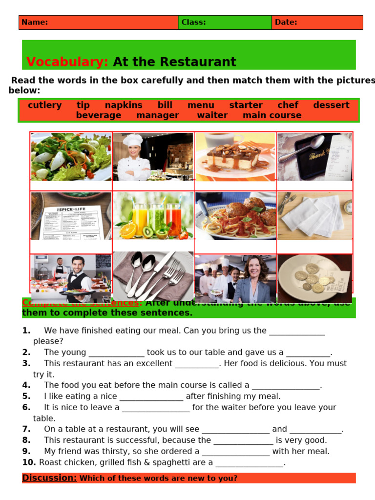 Restaurant Vocabulary Guide | PDF