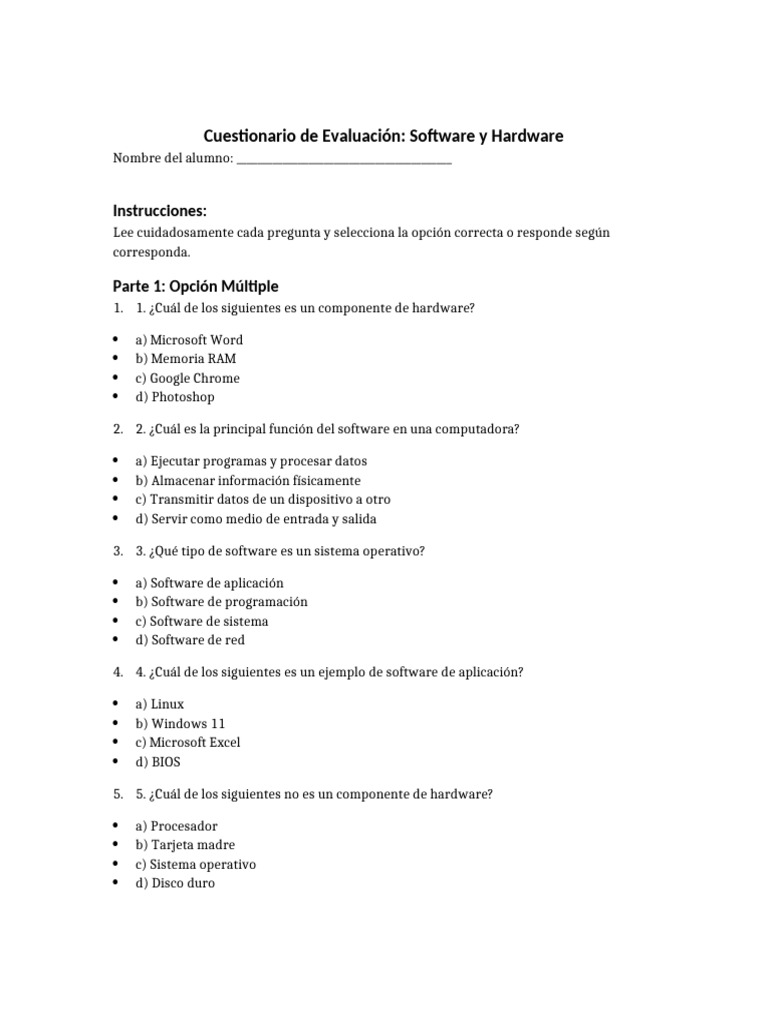 Cuestionario Software y Hardware | PDF