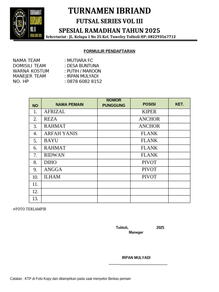 Formulir Turnamen Futsal 2025 | PDF