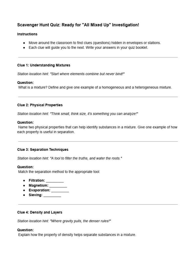 Scavenger Hunt All Mixed Up - Stations | PDF | Mixture | Filtration