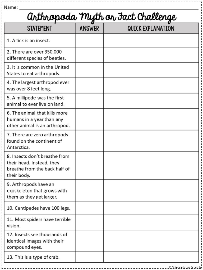Arthropoda Myth or Fact Answer Chart (F) | PDF