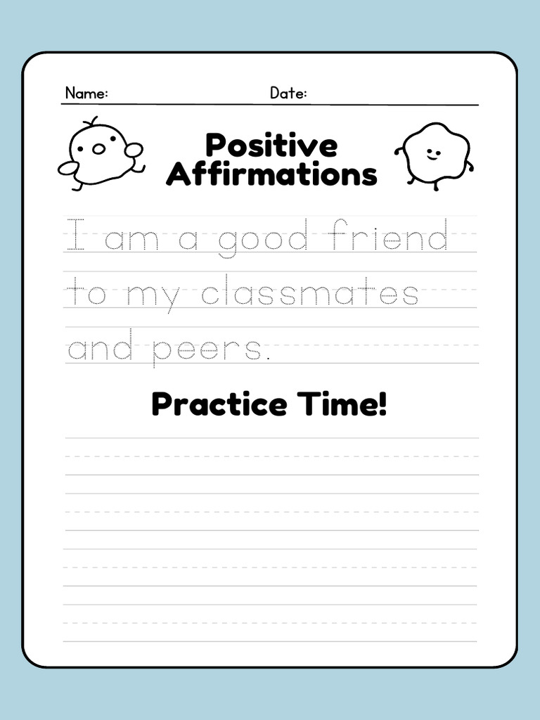 Positive Affirmation Handwriting Practice Worksheets in Simple ...