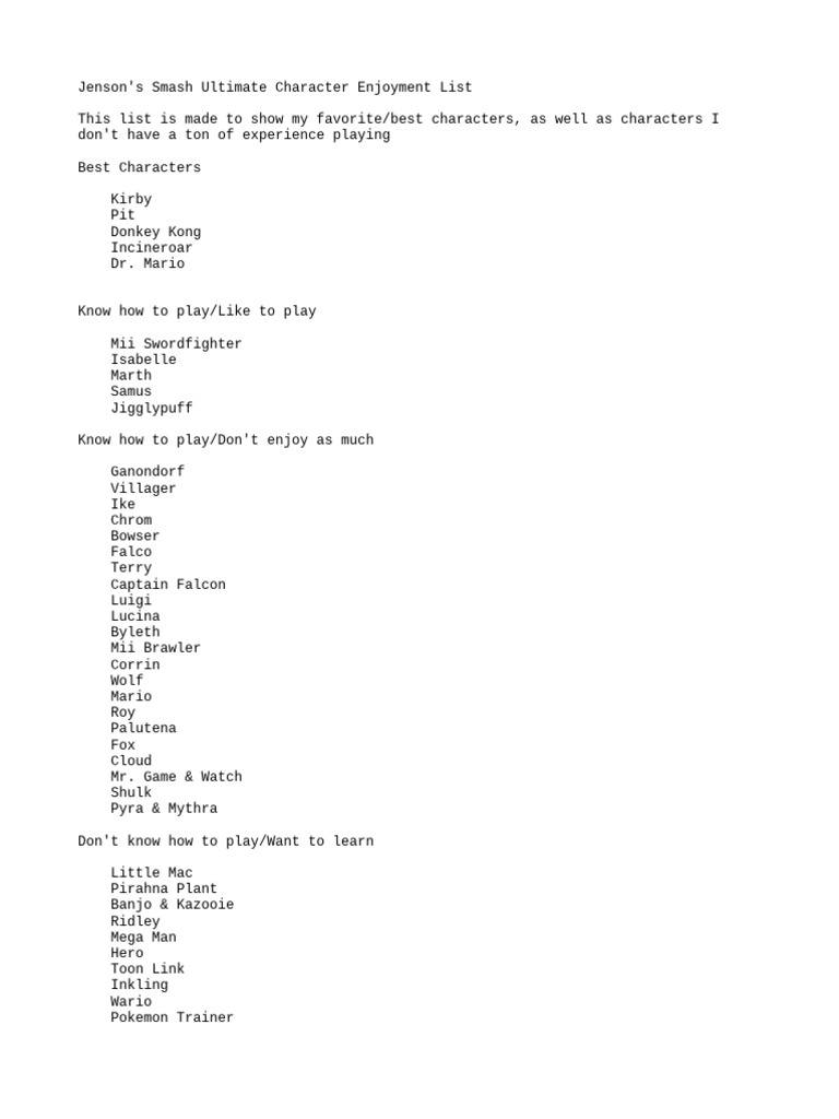 Jenson's Ultimate Smash Character Rankings | PDF