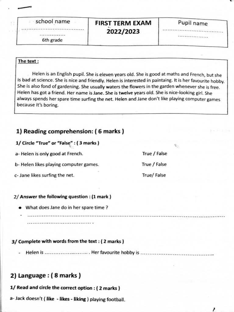 First Term English Exam 6th Grade | PDF