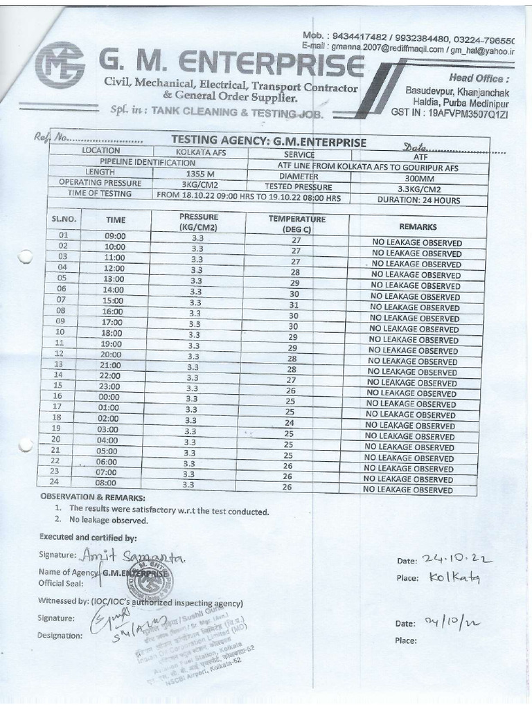 Hydrotest Report of ATF Transfer Pipeline Between Kolkata and Gouripu ...