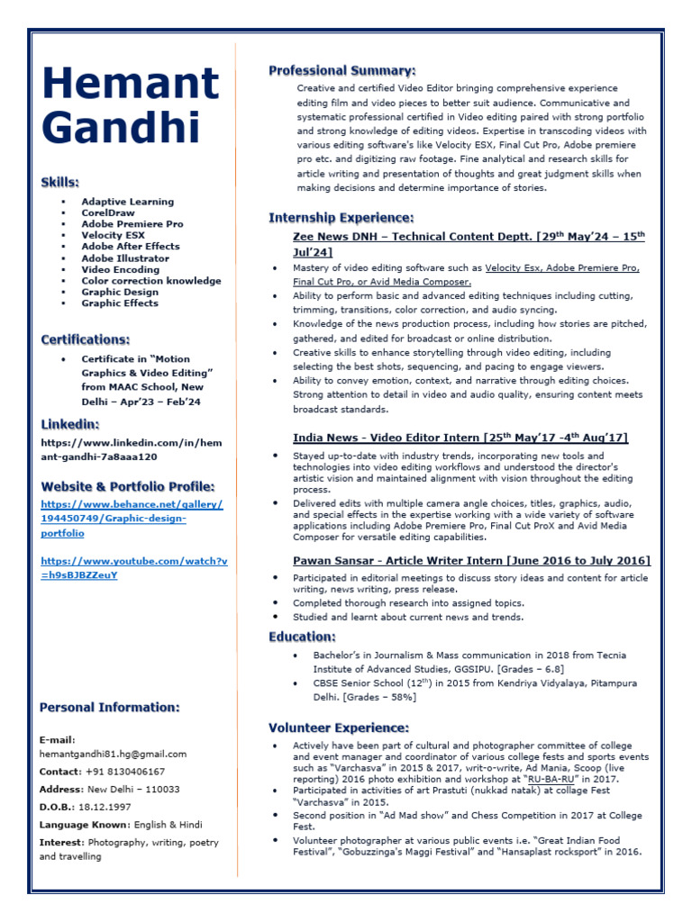 Hemant Gandhi Resume 2.0 | PDF | Editing | Human Communication