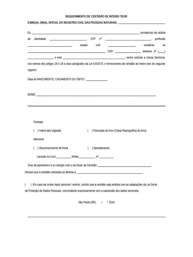 Novo Requerimento de Certidão de Inteiro Teor 2024 | PDF
