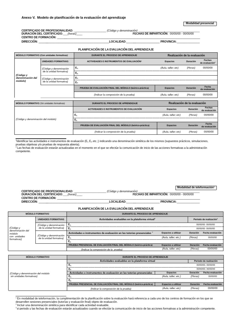 PLANTILLA Anexo V. Modelo de Planificación de La Evaluación Del Aprendizaje | PDF | Aprendizaje ...