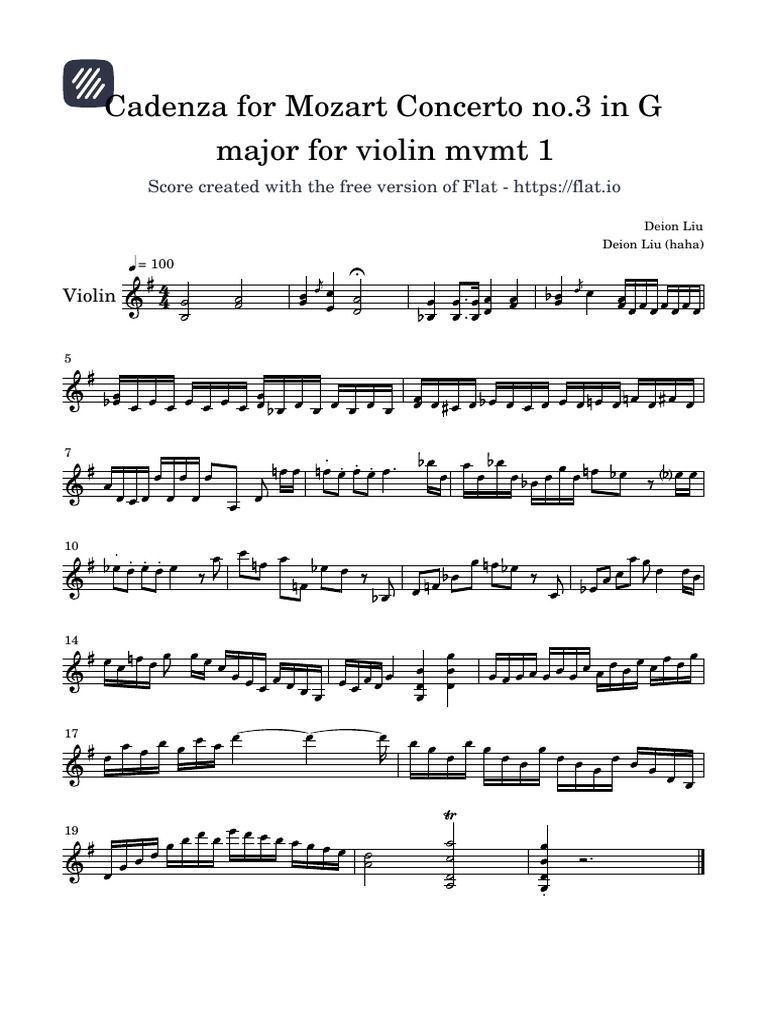 Cadenza For Mozart Concerto No.3 in G Major For Violin MVMT 1 | PDF