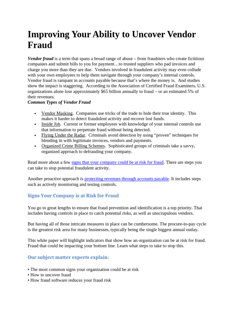 Improving Your Ability To Uncover Vendor Fraud | PDF | Bribery | Fraud