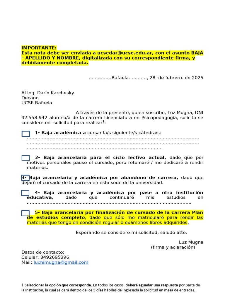 Modelo NOTA - BAJAS Arancelarias y Academicas. | PDF