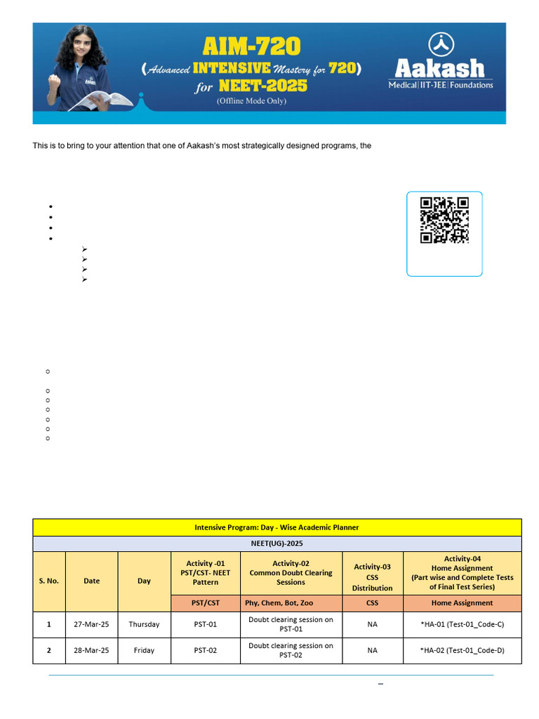 Day Wise Academic Planner of AIM 720 Program For NEET-2025 | PDF