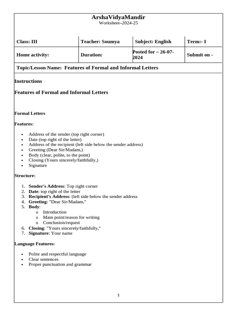 Features of Formal and Informal Letters | PDF | Madam | Linguistics