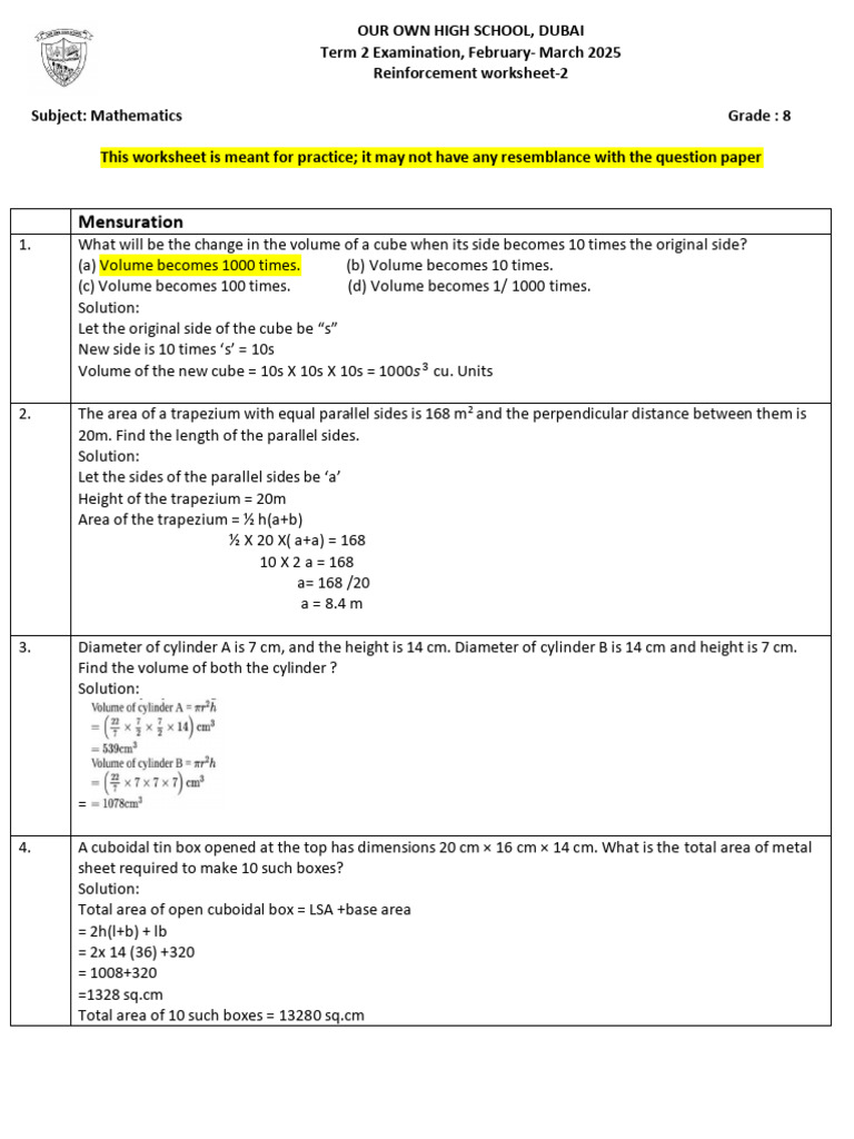 Gr 8 Math Reinforcement Worksheet 2 -2024-25 Answer Key | PDF | Volume ...