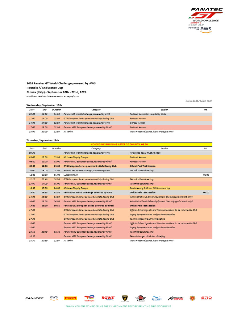 2024 Fanatec GT World Challenge Monza Detailed Timetable Draft 3 | PDF ...