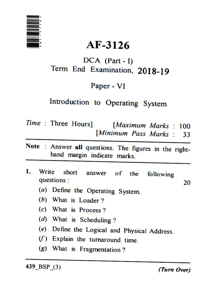 Operating System Exam Paper 2018-19 | PDF