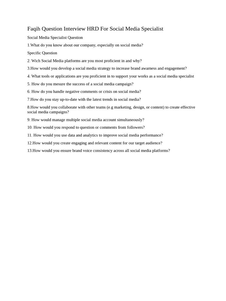 Faqih Question Interview HRD For Social Media Specialist | PDF