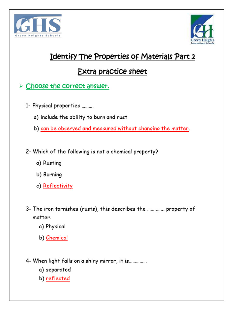 3-10 Identify Properties of Materials Part 2 Extra Worksheet Model ...