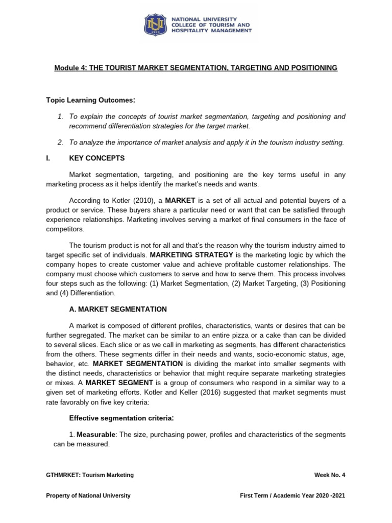 Module 4 Tourist Market Segmentation Targeting and Positioning | PDF | Marketing | Market ...