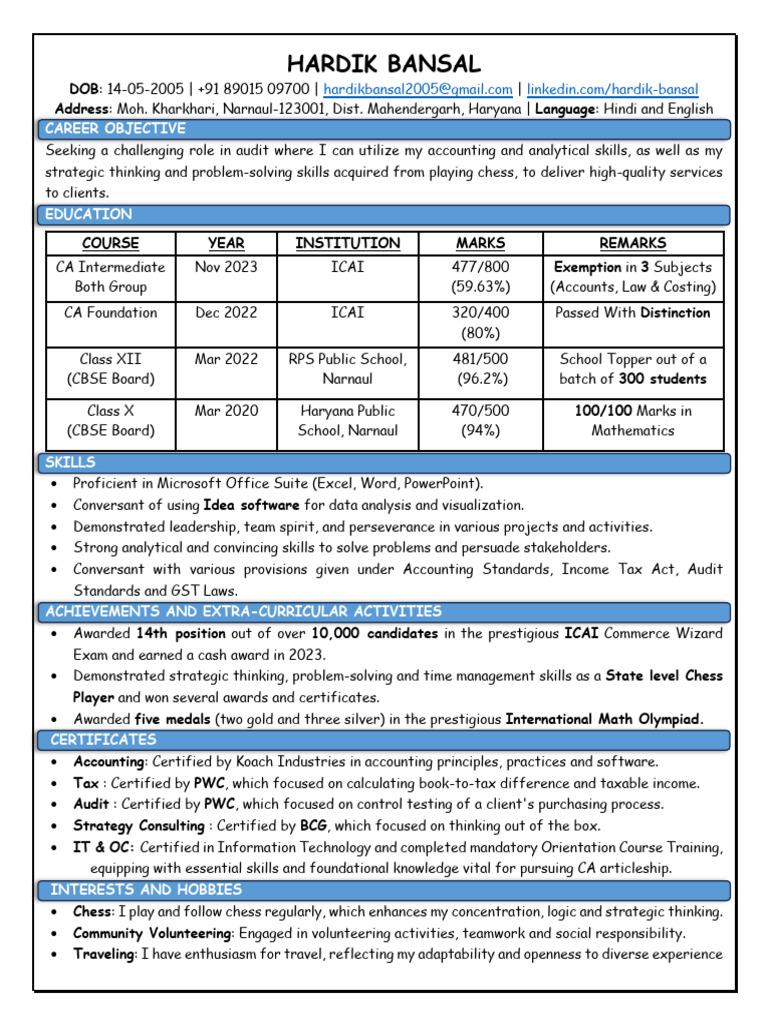 HARDIK BANSAL CV | PDF | Accounting