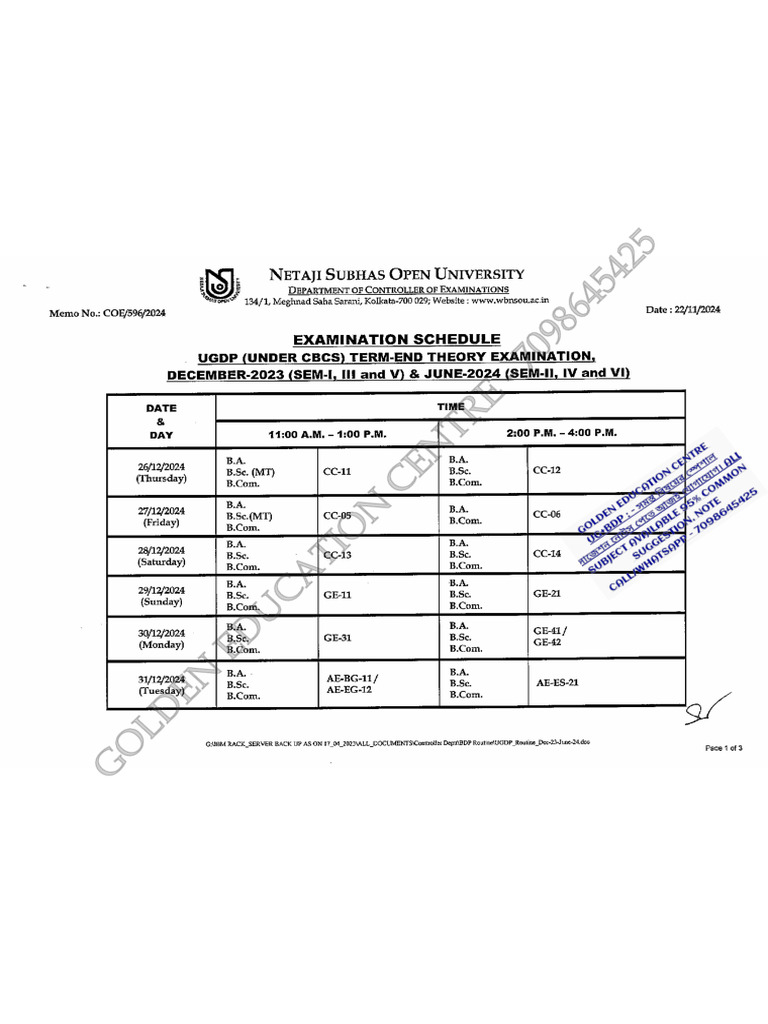 Exam Schedule UGDP CBCS TEE Dec2023 & June2024-1 | PDF