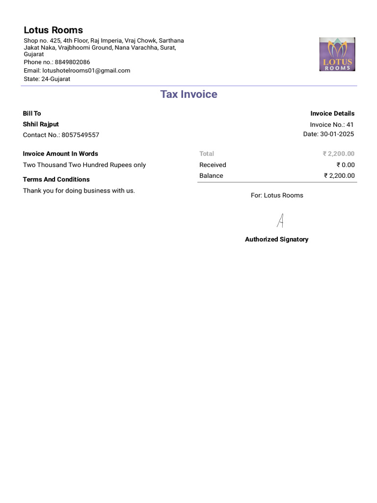Lotus Rooms Invoice #41 - ₹2200 | PDF