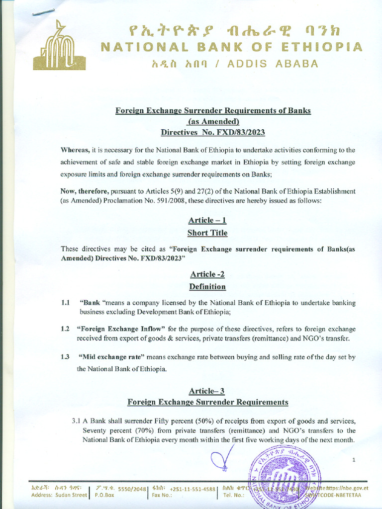 NBE Directive No. FXD - 83 - 2023 | PDF