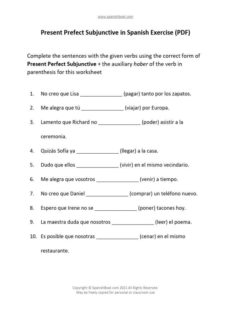 Spanish Present Perfect Subjunctive Worksheet | PDF