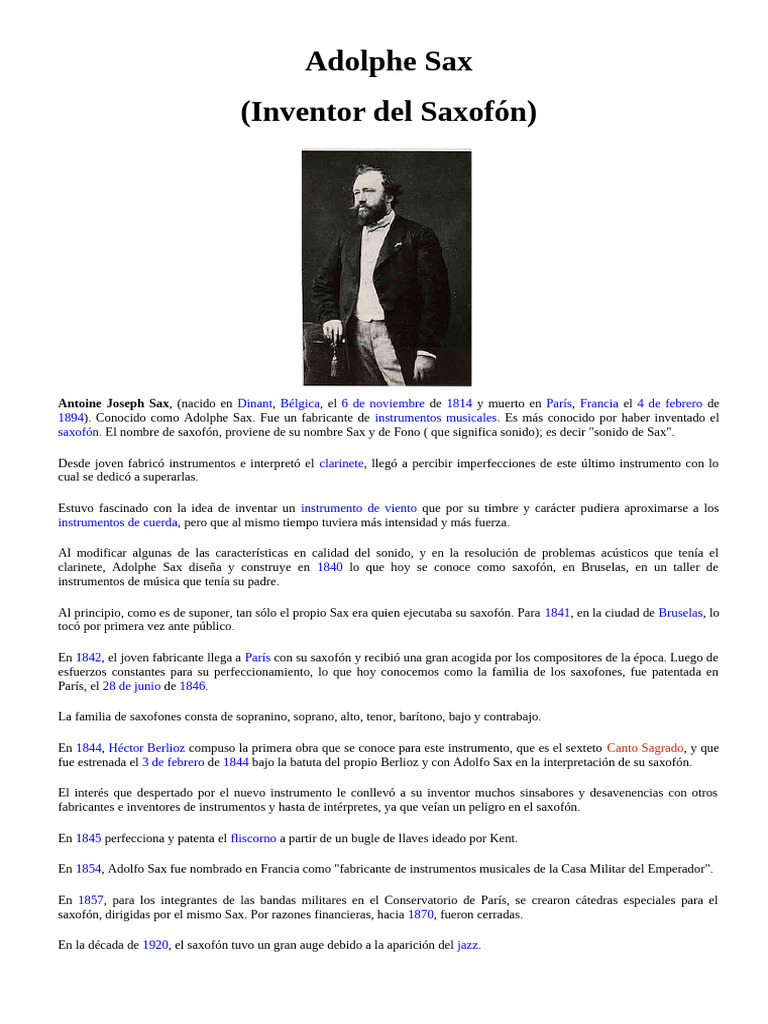 Adolphe Sax: Inventor del Saxofón | PDF | Saxofón | Instrumentos musicales