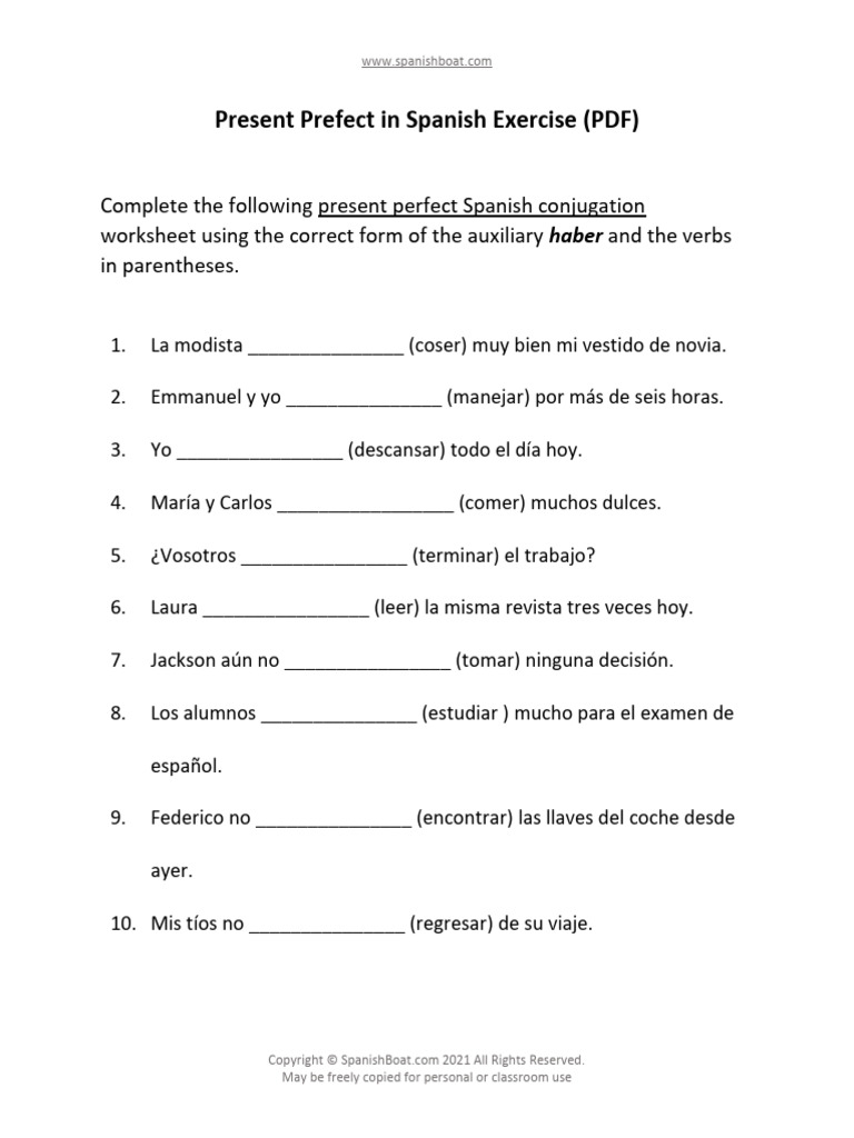 Present Perfect Tense Spanish Worksheet | PDF