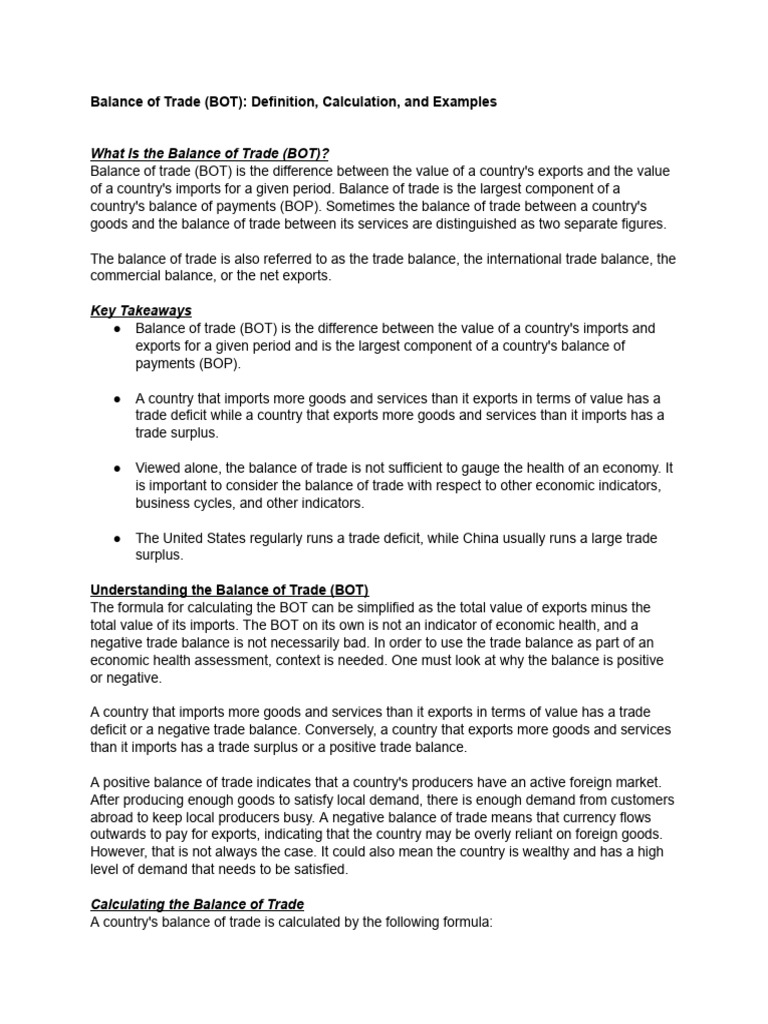 Balance of Trade (BOT) - Definition, Calculation, and Examples | PDF ...