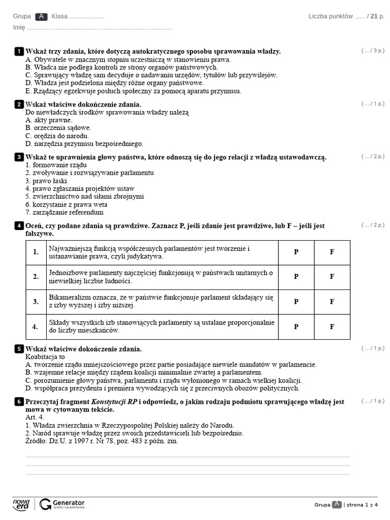 Test R. IV WCU ZR 2 Test (Z Widoczną Punktacją) | PDF