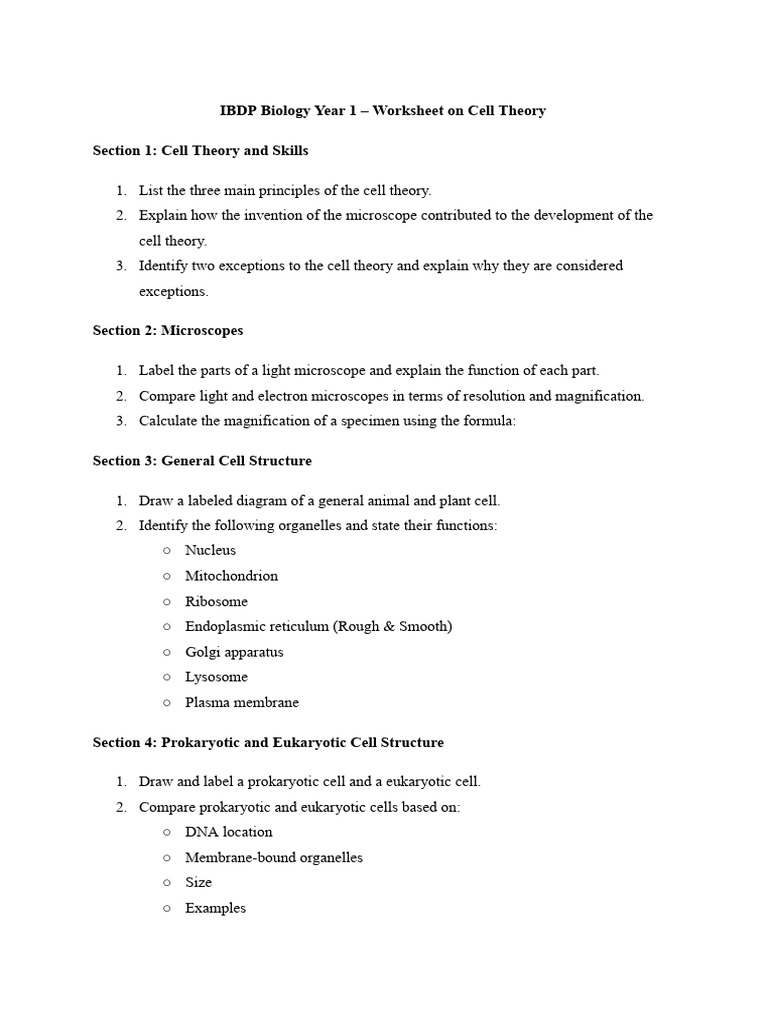 IBDP Biology Year 1: Cell Theory Worksheet | PDF | Cell (Biology ...