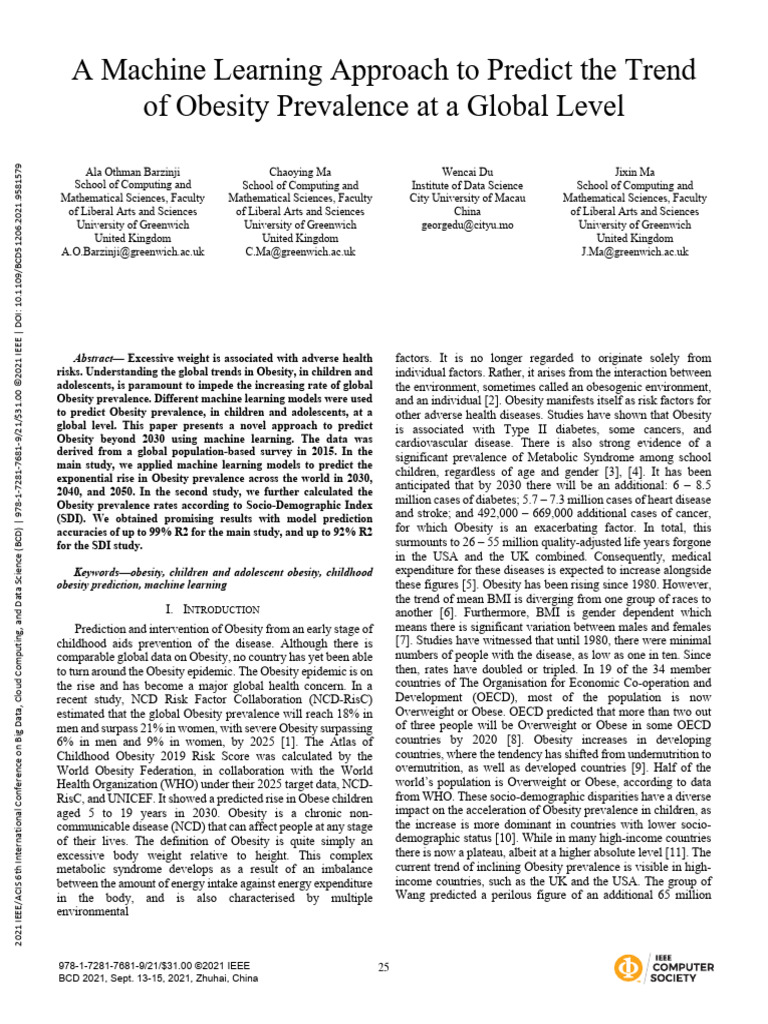 A Machine Learning Approach To Predict The Trend Of Obesity Prevalence At A Global Level Pdf