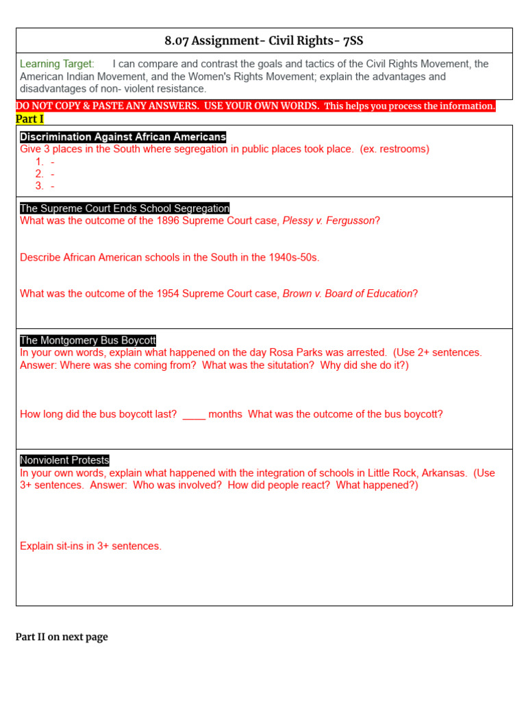 8.07 Assignment - Civil Rights - 7SS | PDF | Martin Luther King Jr ...