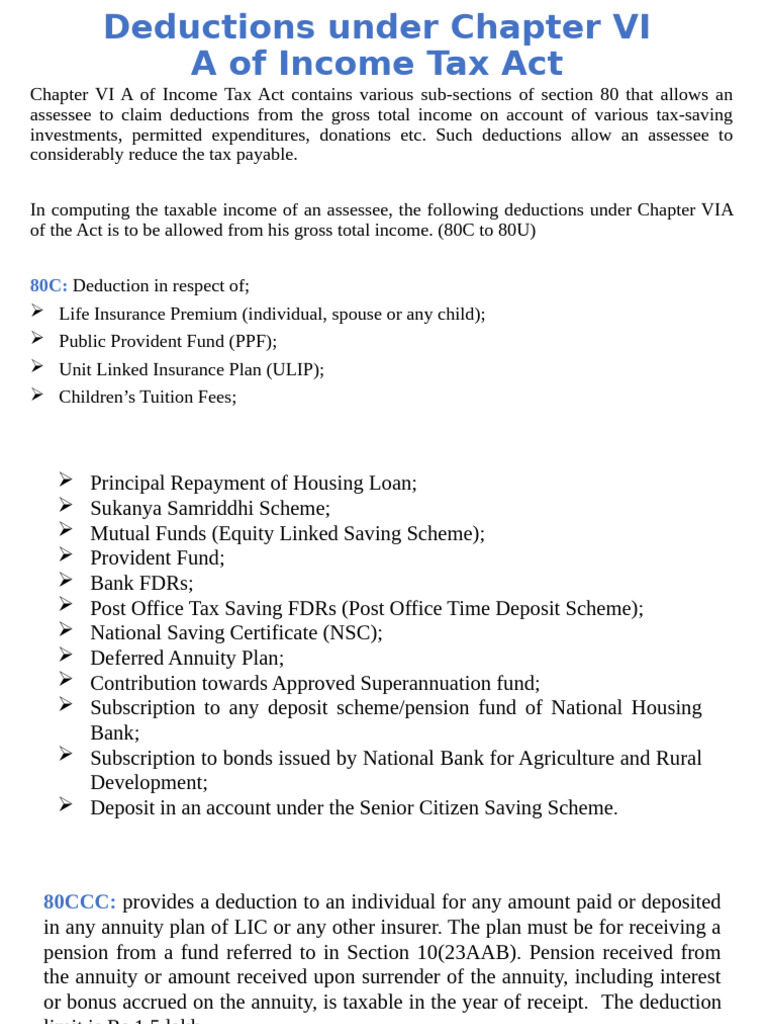 Unit 2 - Deductions Under Chapter VI A of Income Tax | PDF | Tax Deduction | Pension