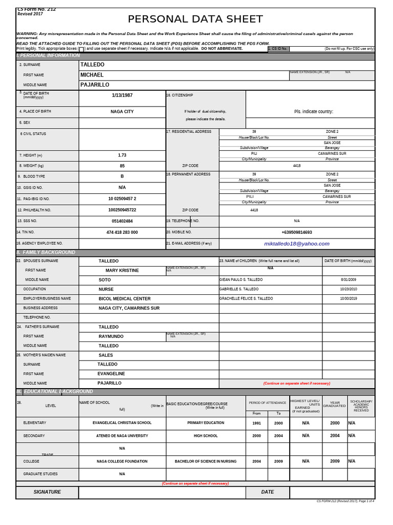 Personal Data Sheet Template | PDF | Government