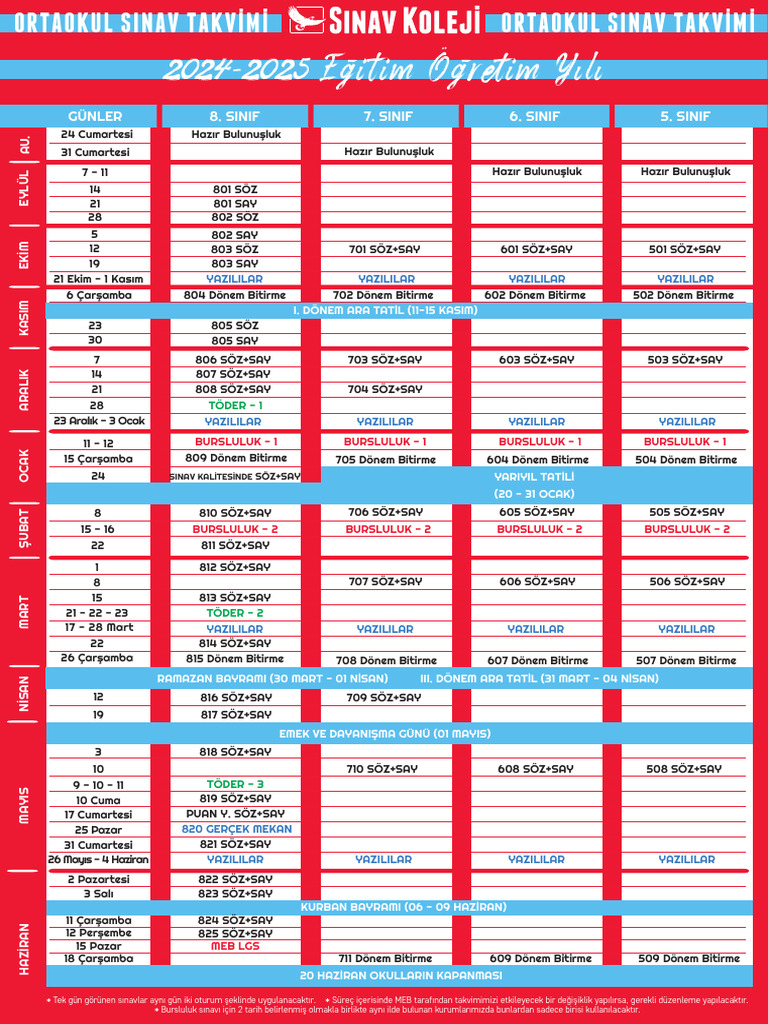2024 2025 Kolej Ortaokul Sinav Takvimi Son. | PDF