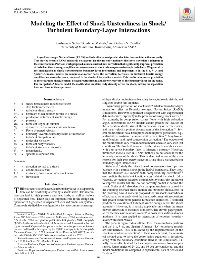 Sinha Et Al 2012 Modeling The Effect Of Shock Unsteadiness In Shock Turbulent Boundary Layer