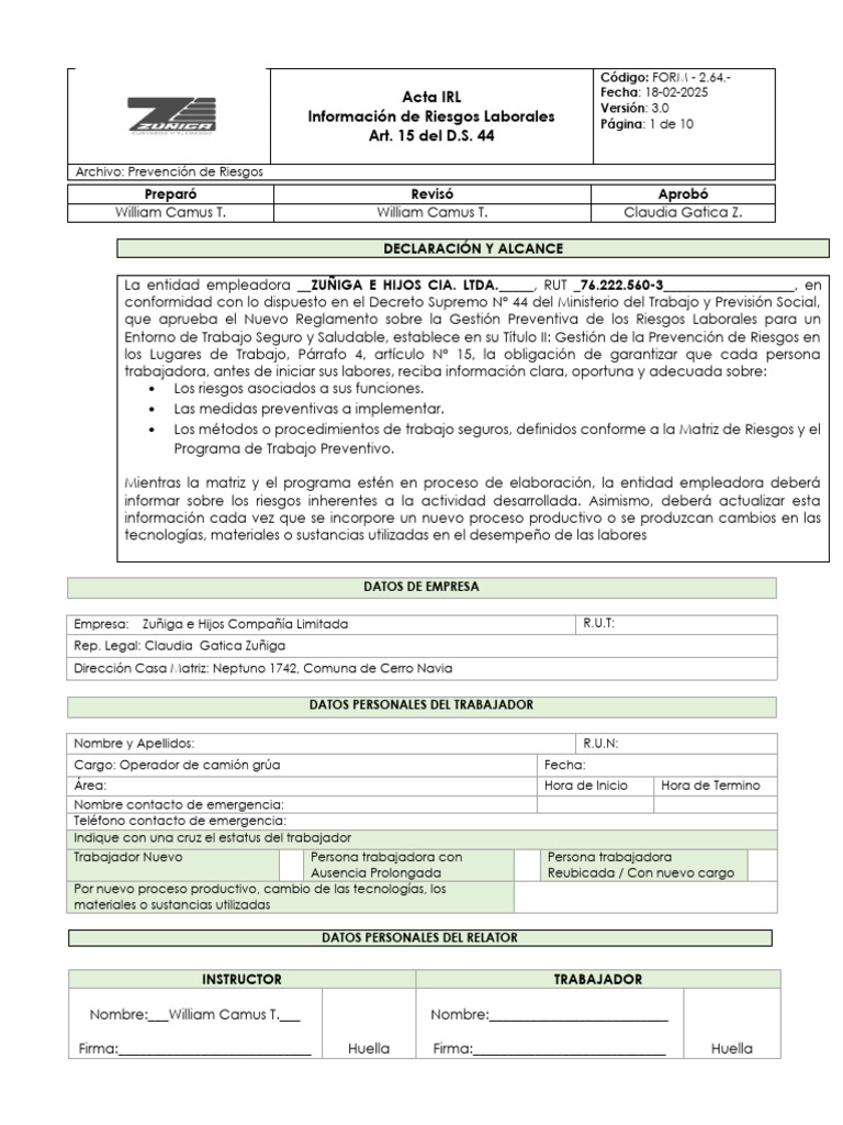 FORM - 2.64. - Acta IRL Información de Los Riesgos Laborales (DS 44) V3 ...